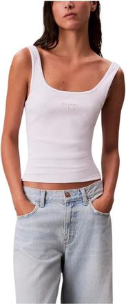 Calvin Klein Jeans Femme, Tops, Blanc, Taille: 38 FR D&eacute;bardeur Sans Manches &agrave; Col Rond