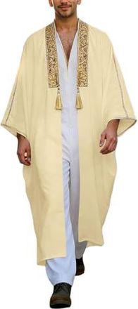 Generico V&ecirc;tements musulmans - Abaya pour homme Cardigan Thobe en gaze imprim&eacute;, coupe ample, caftan r&eacute;tro, d&eacute;contract&eacute;, v&ecirc;tements de pri&egrave;re avec finitions - &Eacute;l
