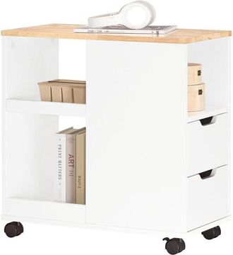SoBuy Sobuy - FBT130-WN Bout de Canapé, Table dappoint avec 2 Tiroirs, Compartiment Ouvert, Meuble de Rangement à Roulettes, Chariot pour Salon, Bureau