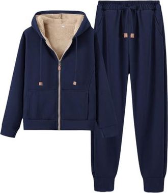 Minetom Survêtement Femme Ensemble Doublée De Fourrure Manteau Zippé Sweat À Capuche Jogging Tenue De Sport Automne Hiver 2 Pièce Suit A Marin XS