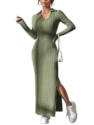 Generic Robe pull moulante mi-longue &agrave; manches longues en tricot torsad&eacute; c&ocirc;tel&eacute; col en V pour femme, Vert, XXL