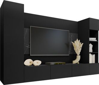 Mirjan24 Wohnwand Deromi IV, Anbauwand mit Wandpaneele und TV-Lowboard, Akustikplatten, Fernsehschrank, Schrankwand, Mediawand, H&auml;ngeregal, H&auml;ngeschrank (Schwa