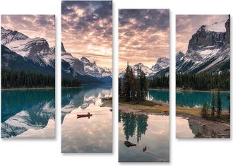 Islandburner Leinwandbild Reisende Kanufahrer Rocky Mountain Reflexion Maligne Lake Spirit Islan - Leinwand 130x80cm - 4 Teile