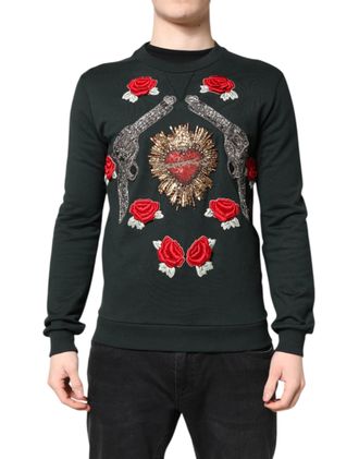 Dolce & Gabbana Mens Sacred Heart Floral Embroidery Sweatshirt Black Cotton Sweatshirts
