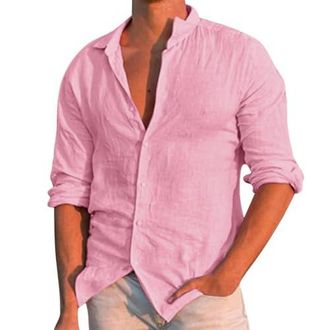 Generic Chemise en coton et lin pour homme Henley Gym Tops Homme &eacute;t&eacute; Coton Solide D&eacute;contract&eacute; Grande Taille Chemise ample pour homme Col rabattu Chemise &agrave; man