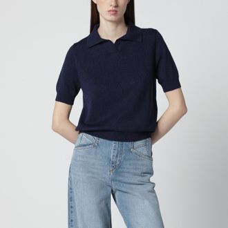 Gucci Blaues Poloshirt aus Baumwolle und Seide in Pointelle-Optik mit GG-Motiv