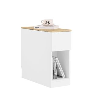 SoBuy Schmaler Beistelltisch - Nachttisch mit Stauraumregal und Schubladen, Platzsparender Nachttisch f&uuml;r kleine R&auml;ume, W25 x D65 x H60 cm, Wei&szlig; und Natur -