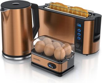 Arendo 3-teiliges Fr&uuml;hst&uuml;cks-Set, 2-Scheiben Langschlitz Toaster, 6er Eierkocher, Wasserkocher 1,5 Liter, Kupfer - Arendo