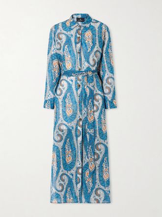 Etro Maxi-hemdblusenkleid Aus Baumwoll-voile Mit Paisley-muster Und Bindeg&uuml;rtel - Blau