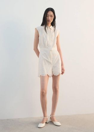 Mango Kurzer Jumpsuit mit Ajour-Stickerei ecru - Damen - XS - MANGO