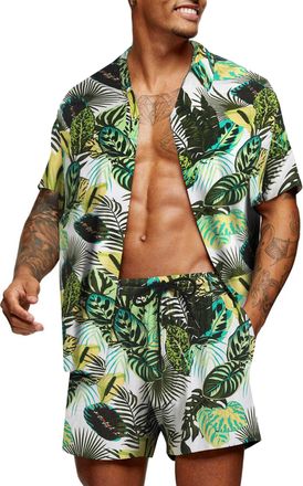 Coofandy Herren Hawaii Hemd Sommerhemd Kurzarm Bl&auml;tter Shirt und Shorts Hemd Set Strandhemd Urlaub M
