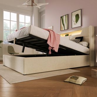 Merax Polsterbett 140x200cm, Doppelbett mit Stauraum und Lattenrost, LED Kopfteil mit USB Ladefunktion, Hydraulisch Stauraumbett Funktionsbetten Bettgestell