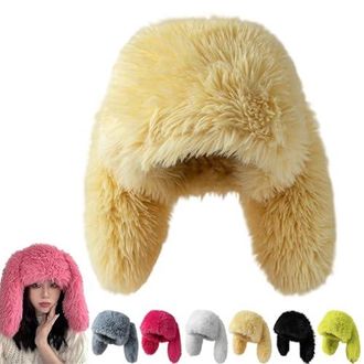 Generic Joli bonnet en peluche avec oreilles de lapin pour femme, bonnet en fourrure douce et chaude avec oreilles de lapin, jaune, Taille unique