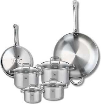 Fackelmann ELO 9507150 Batterie de cuisine 6 pièces, Ensemble de 2 Poêles de cuisson 24 et 32 cm et 4 faitouts 12, 14, 16 et 20 cm Elo Profi Citrin, inox, induct