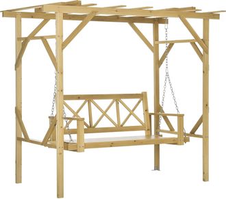 OUTSUNNY Hollywoodschaukel mit Pergola, 2-Sitzer Gartenschaukel, Wetterbest&auml;ndige Schaukebank f&uuml;r Garten, Balkon, Massivholz, Natur, 221 x 140 x 196 cm