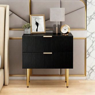 Generic Moderner schwarzer Nachttisch mit Wellenmuster - Schlafzimmertisch mit 2 Schubladen & eleganten Metallbeinen - Platzsparender Beistelltisch (1 St&uuml;ck) 