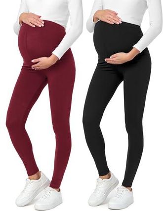 Be Mammy Lote de 2 Legging Grossesse Femme Long Legging Maternité Confortable BE20-230 (Noir/Bordeaux, 4XL)