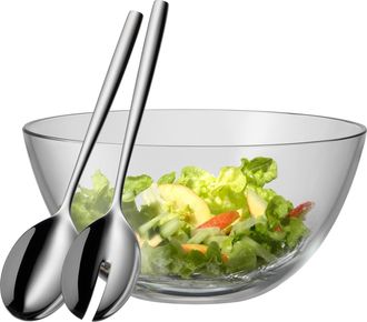 WMF Taverno Salatschüssel Set 3-teilig, Salatbesteck Edelstahl 25 cm mit Salatschale, runde Schale 23,5 cm, Salatschüssel Glas, spülmaschinengeeignet