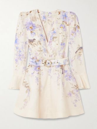 Zimmermann Luna Belted Floral-print Linen Mini Dress - Neutrals
