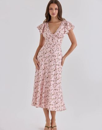 House of CB Raye - Robe mi-longue en satin avec col en V et imprim&eacute; fleuri vintage - Rose