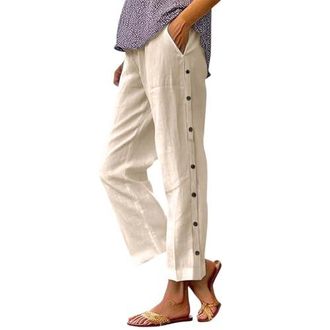 Generic Pantalon d&eacute;contract&eacute; en lin pour femme avec taille &eacute;lastique et bouton d&eacute;coratif pour un confort quotidien, beige, 3XL