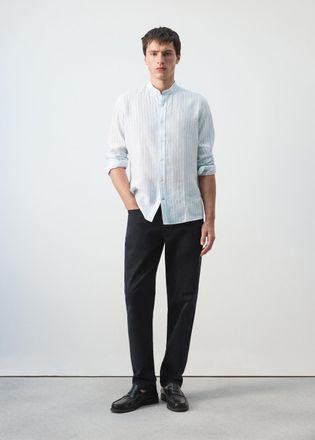 Mango Chemise 100 % lin col mao &agrave; rayures bleu ciel - Homme - XXL - MANGO MAN