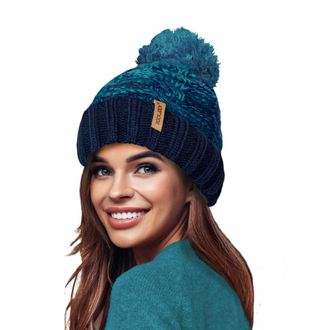 RockJock STORMACTIVE 100% wasserdichte Damen Unisex Chunky Ombre Warme Winter Teddy Fleece Gef&uuml;tterte Gestrickte Pompon M&uuml;tze, Marineblau/Blaugr&uuml;n, Einheitsgr&ouml;