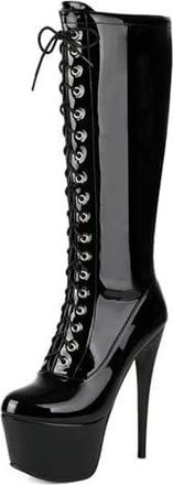 Generic Bottes hautes à plateforme épaisse pour femme - Chaussures de danse tendance ultra hautes à lacets avec fermeture éclair, Noir, 39.5 EU