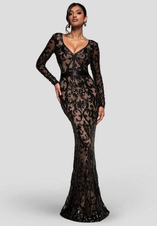 Goddiva Maxikleid Embroidered Sequin & Mesh Maxi Dress Langes Kleid, V-Ausschnitt, transparente &Auml;rmel