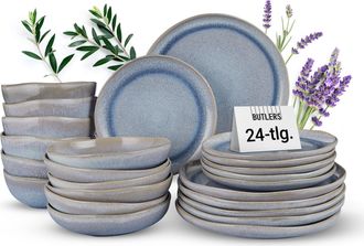 Butlers Geschirrset 6 Personen HILDA 24-tlg. Steingut Geschirr blau Tafelservice Landhaus | Speiseteller Frühstücksteller 6er Set, Schüssel Set, Pastateller |