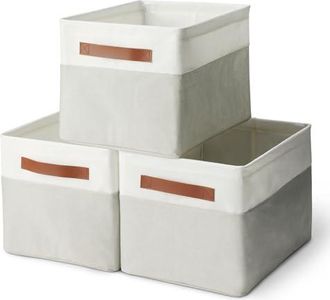 Amazon Basics Lot de 3 bacs de rangement pliables avec poignées en cuir, lin, Taille L