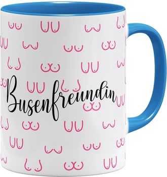 OM3 witzige Busenfreundin Kaffee-Tasse mit Brüsten Doodle BFF Brüste-Muster - Keramik Becher - 325ml - Rundumdruck - Hellblau