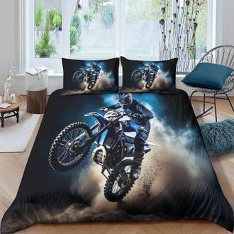 Generic Bettwäsche Moto-Cross 135X200 cm Bettbezug Set 3D Bedruckte 3-Teiliges Polyester Mit Reißverschluss 1 Bettbezug Und 2 Kissenbezug 80X80Cm - Bequem Und