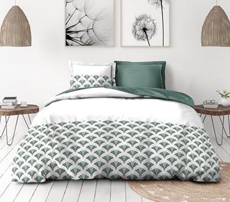 LE CLOS DES SONGES Parure de Couette 200x200 cm - 3 pièces - Percale de Coton Douce - Housse + taies - Blanc & Vert - Modèle Lélégante