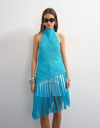 Topshop Tunique longue en maille &agrave; franges et dos nu - Bleu