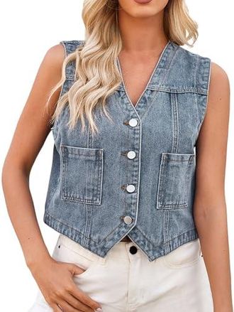 Generic Vestes d&eacute;contract&eacute;es pour femme 2026 avec col en V et poche en jean et boutons pour l&eacute;t&eacute; pour un usage quotidien, bleu, XL