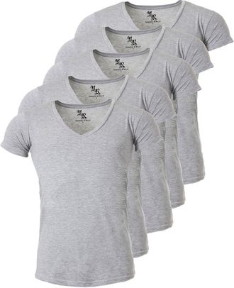 Young & Rich Herren Uni T-Shirt mit extra tiefem V-Ausschnitt Slimfit Stretch Dehnbare Passform einfarbiges Basic Shirt - 5er Pack, Gr&ouml;sse:XXL, Farbe:Grau