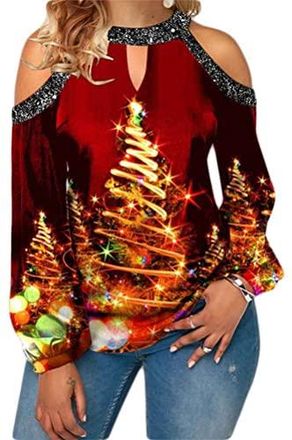 Onsoyours T-Shirts À Manches Longues Femme Décontractée Chic Épaules Dénudées Blouse Hauts Imprimé Noël Col en V Tunique Chemisier Shirt Top A Rouge M