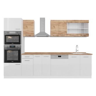 Vicco K&uuml;chenzeile R-Line, Goldkraft Eiche/Wei&szlig;, 300 cm zweifarbige Schr&auml;nke, AP Eiche