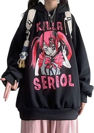 ORANDESIGNE Anime Manche Longue Sweat &agrave; Capuche Femme Gothique Pull Fille Kawaii Vetement E-Girl Harajuku Vintage Sweatshirt J Noir XS