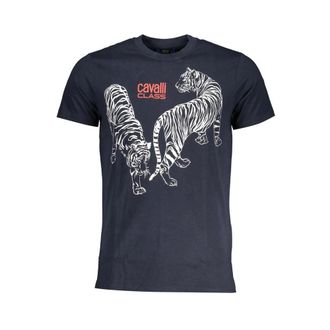 Cavalli Druck Logo Rundhals T-Shirt - - Tops - Herren - Blau - XL