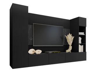 Mirjan24 Wohnwand Deromi IV, Anbauwand mit Wandpaneele und TV-Lowboard, Akustikplatten, Fernsehschrank, Schrankwand, Mediawand, H&auml;ngeregal, H&auml;ngeschrank (Schwa