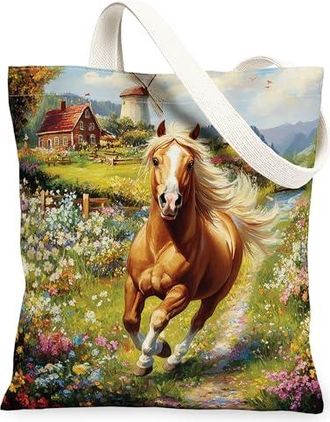 Generic Sac fourre-tout en toile motif cheval printanier pour faire du shopping, 33 x 38,1 cm, sac d&eacute;picerie r&eacute;utilisable pour femme, motif floral, ferme, pla