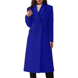Generic Manteaux en laine pour femme long &agrave; double boutonnage, trench-coat &agrave; double boutonnage pour lautomne et lhiver avec poches, bleu, S
