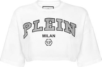 Philipp Plein Femme, Tops, Blanc, Taille: 44 FR Cropped T-shirt Round Neck SS Strass