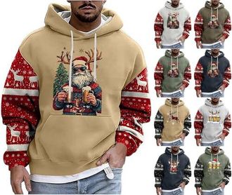 Generic Sweat à capuche de Noël pour homme - Motif renne en 3D - Manches longues - Décontracté - Fantaisie - Fête de vacances - Hiver, A Kaki, 3XL