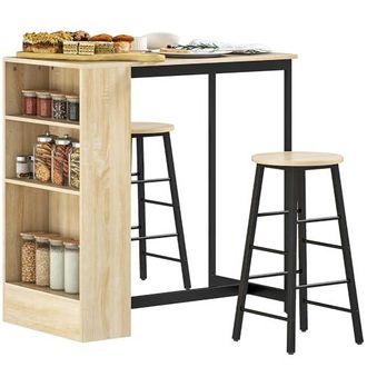 HOMCOM Ensemble Table de Bar avec tabourets, Table &agrave; Manger Debout avec 2 chaises de Bar avec Compartiments Ouverts, &eacute;tag&egrave;re r&eacute;glable et Repose-Pieds, pour p