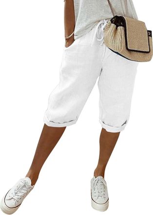 Generic Damen Leinenhose Sommer Knielang Kurze Hosen Leicht und Luftig Locker Hohe Taille Caprihose Elastisch Einfarbig Strandhose Stoffhose Casual Pants mit 