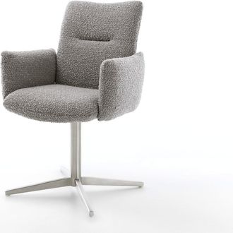 DELIFE Drehstuhl Jova-Flex mit Armlehnen Bouclé Silbergrau Fußkreuz Edelstahl 360° drehbar Taschenfederkern, Esszimmerstühle