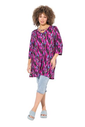 Ulla Popken Damen große Größen Übergrößen Plus Size Longshirt, A-Linie, Zierbänder, V-Ausschnitt, 3/4-Arm Marine 50+ 837924130-50+